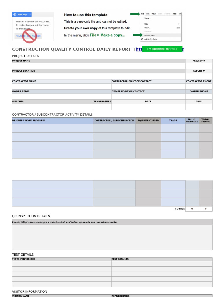 IC Construction Quality Control Daily Report Template Google Sheet | PDF
