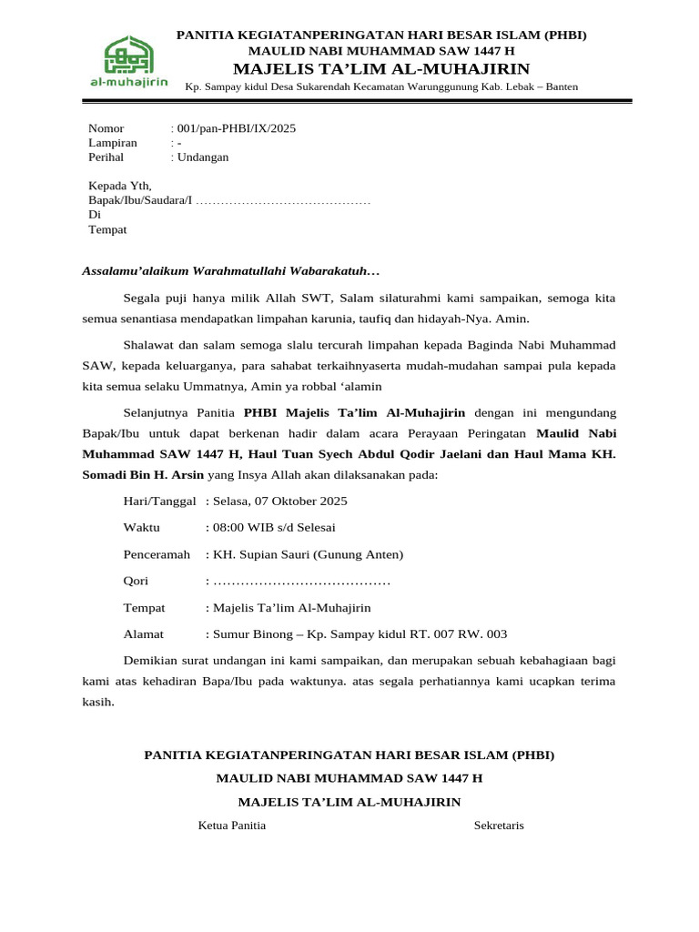 Undangan Maulid Nabi 1447 H di Banten | PDF