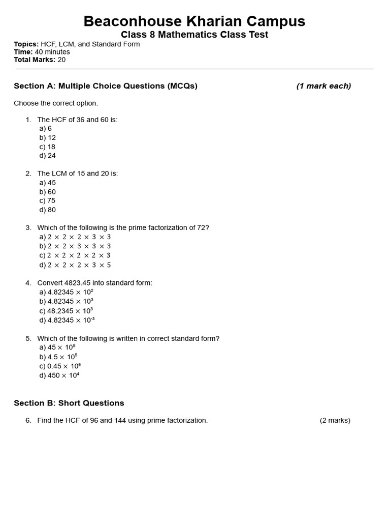 HCF, LCM and Standard Form | PDF