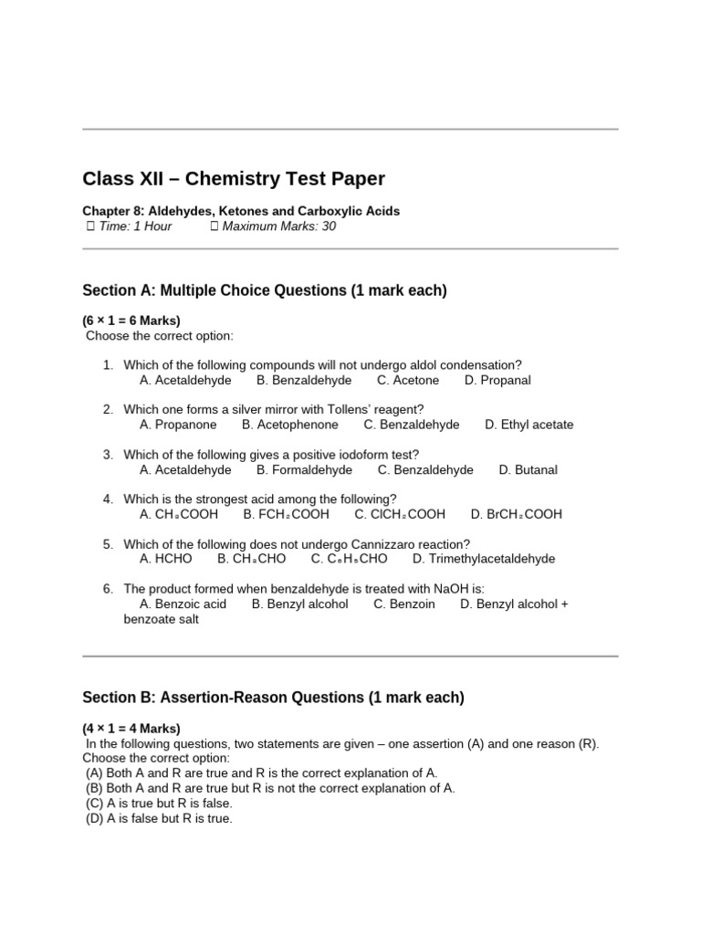 Class XII Chemistry: Aldehydes & Ketones Test | PDF | Aldehyde | Ketone
