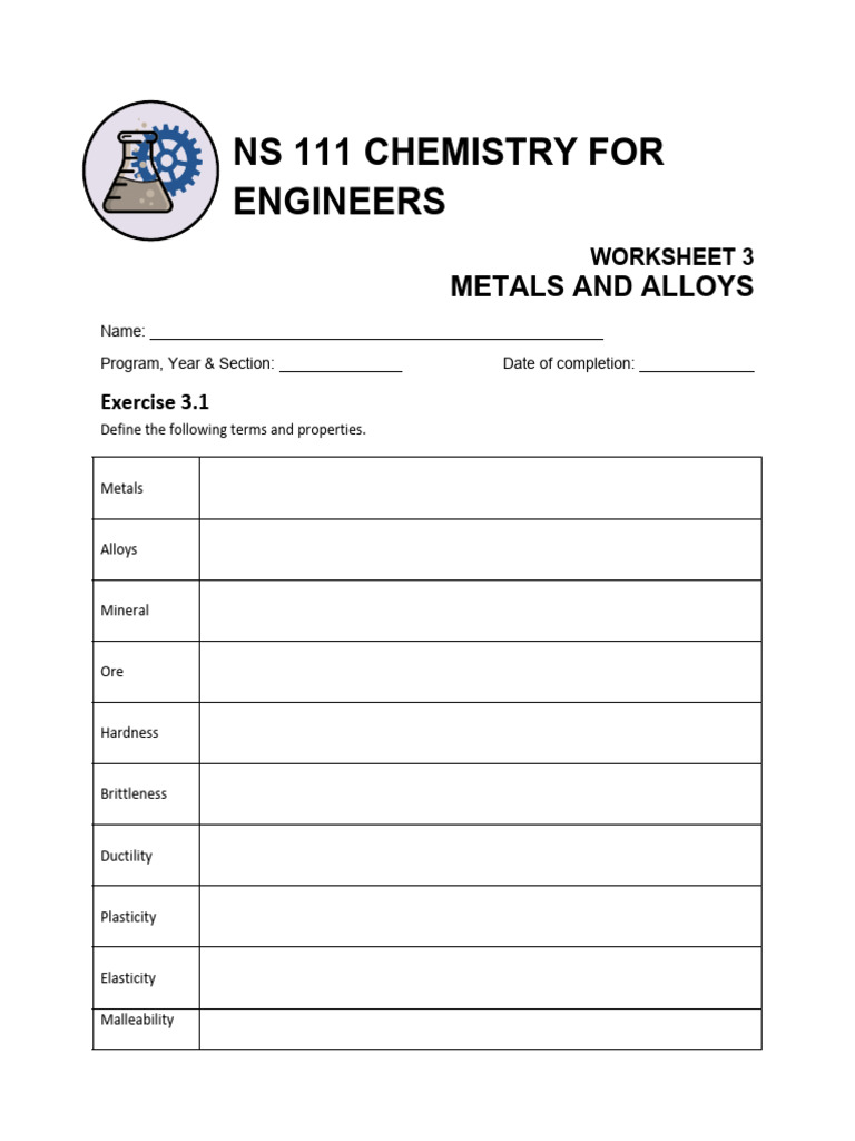 Worksheet 3 Metals and Alloys | PDF