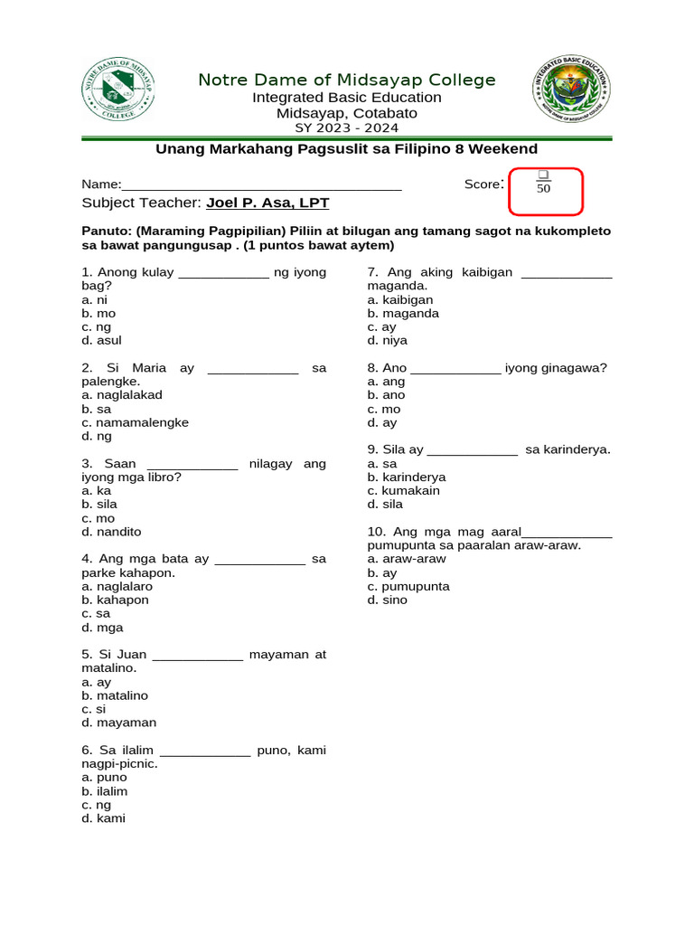 Unang Pagsusulit Sa Filipino 8 | PDF
