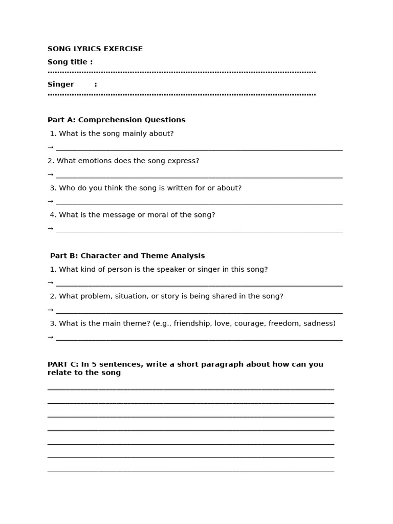 Song Lyrics Exercise | PDF