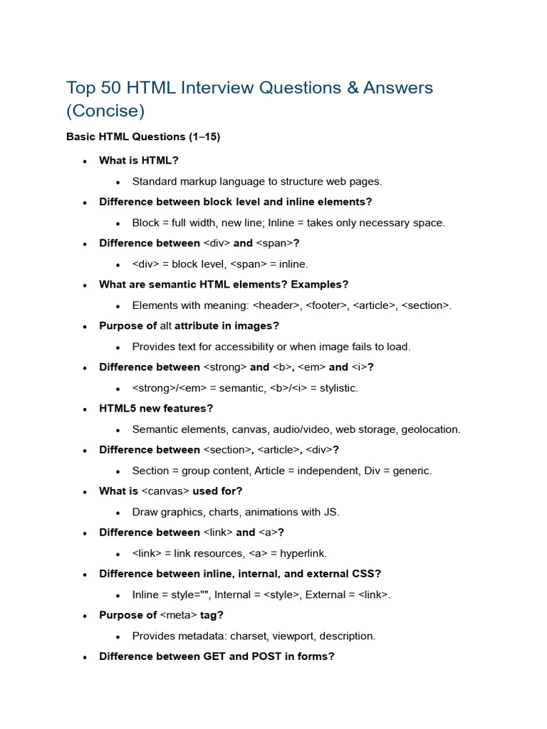 Top 50 HTML Interview Questions | PDF | Html | Html Element