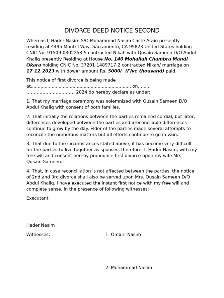 Sameen 1st Divorce Deed | PDF