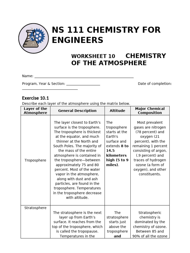 Worksheet 10 Chemistry of The Atmosphere - Complete | PDF | Atmosphere Of Earth | Troposphere