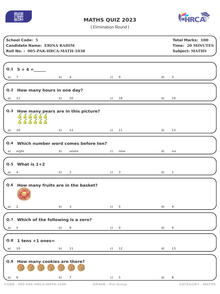 2023 Maths Quiz for Pre-Group Students | PDF | Euclid | Elementary Geometry