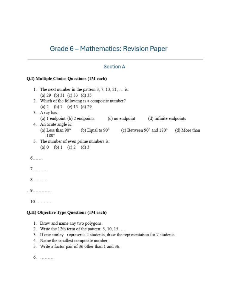 Revision Paper Grade 6 SA-1 | PDF | Numbers | Discrete Mathematics