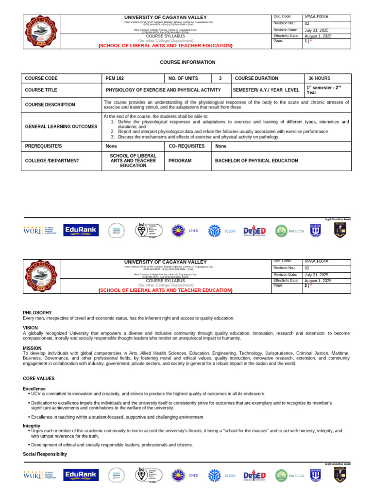 Exercise Physiology Course Syllabus | PDF | Physical Education | Pedagogy