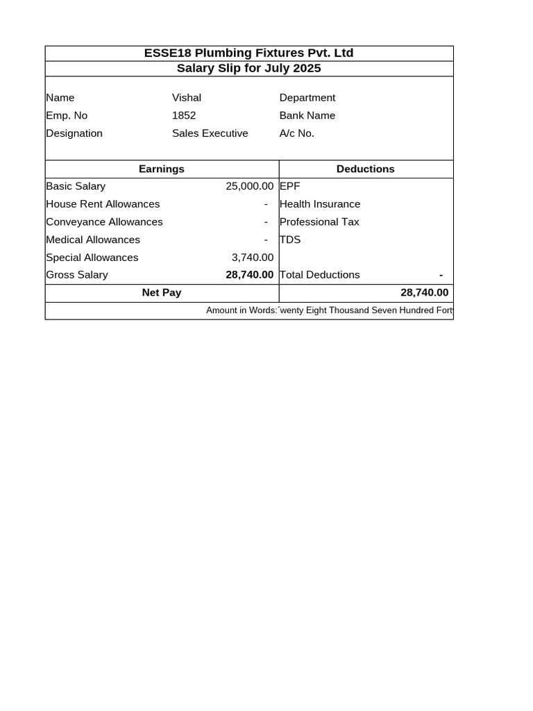 Simple Salary Slip Format in Excel | PDF