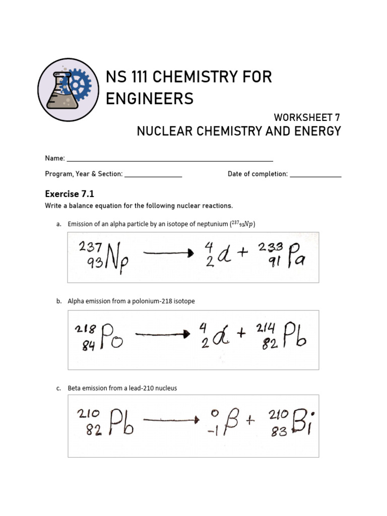 Nuclear Chemistry Worksheet for Engineers | PDF