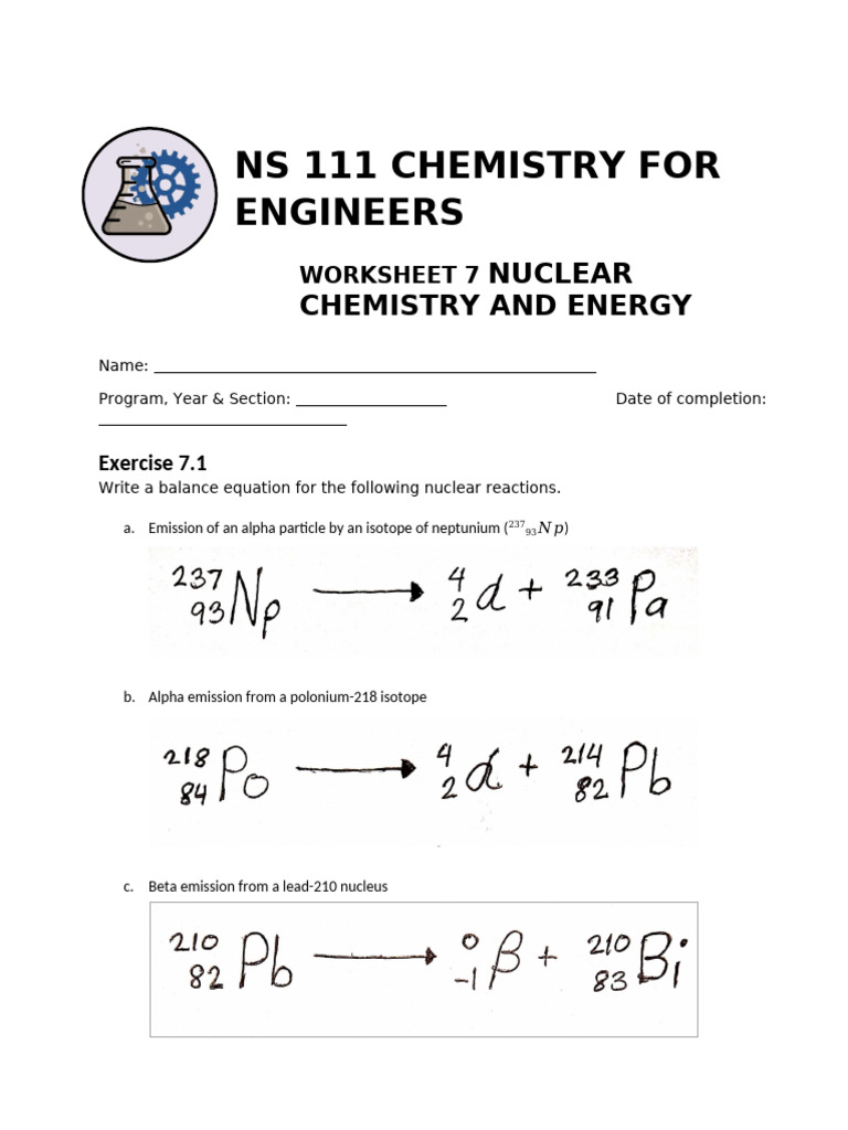 Nuclear Chemistry Worksheet for Engineers | PDF