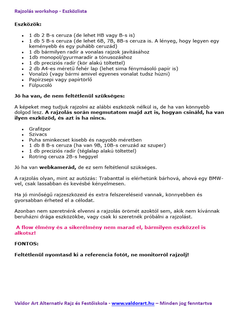 Eszközlista Rajzolás Workshop | PDF