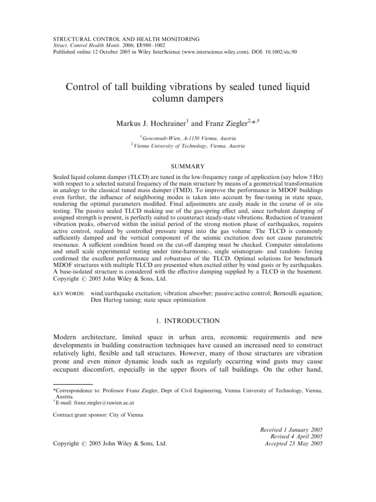 Structural Contr HLTH - 2005 - Hochrainer - Control of Tall Building Vibrations by Sealed Tuned ...