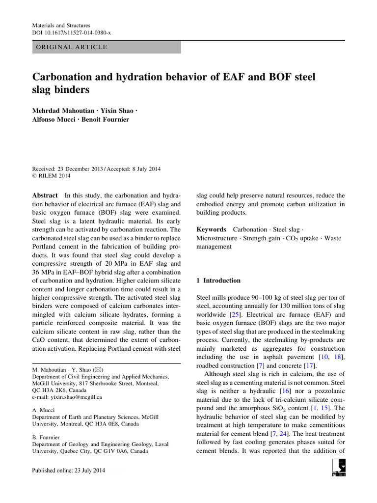 Carbonation and Hydration Behavior of EAF and BOF Steel Slag Binders | PDF | Cement | Carbon Dioxide