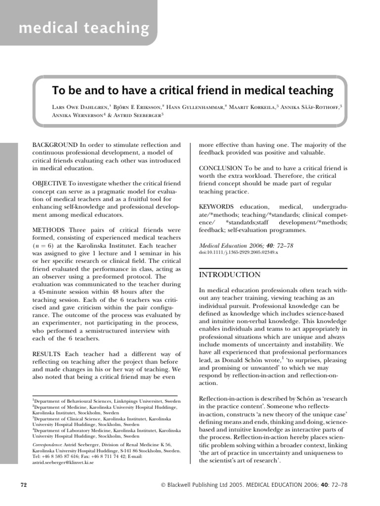 Critical Friends in Medical Education | PDF | Teachers | Knowledge
