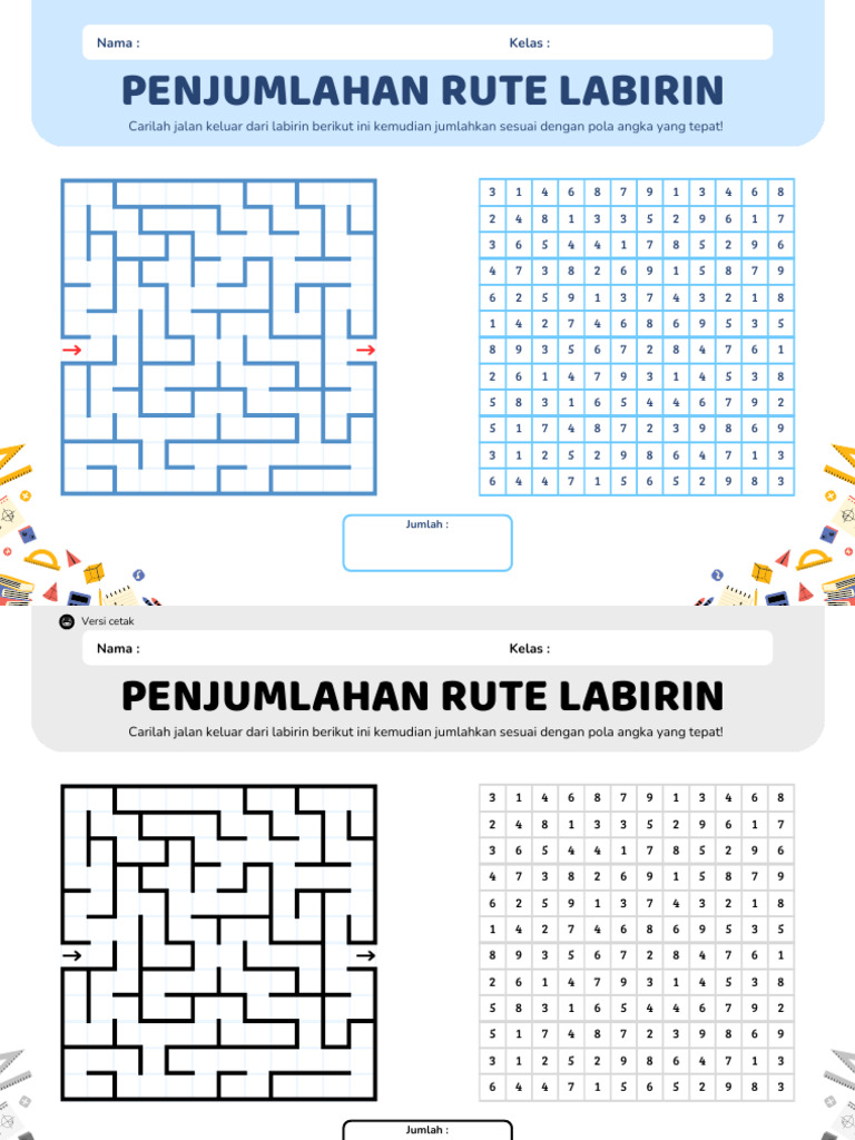 Koding Penjumlahan Rute Labirin Lembar Kerja Biru Ilustratif | PDF