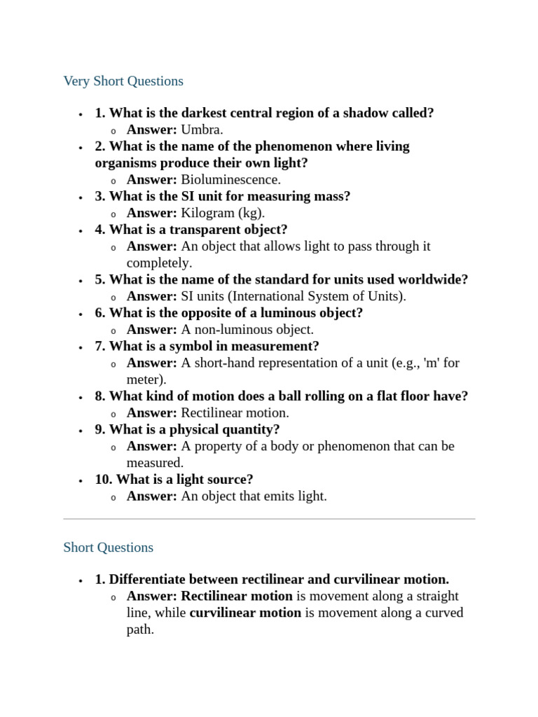 6th Physics Extra Questions | PDF | Shadow | Reflection (Physics)