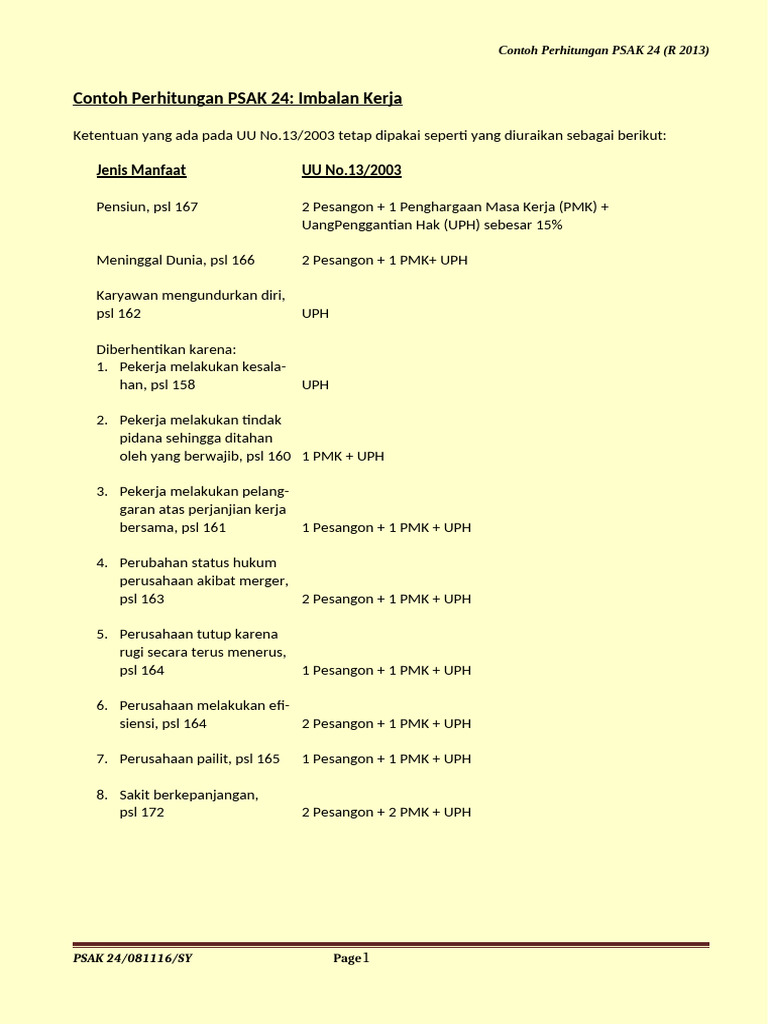 2016-11 Contoh Perhitungan PSAK 24 R 2013 | PDF