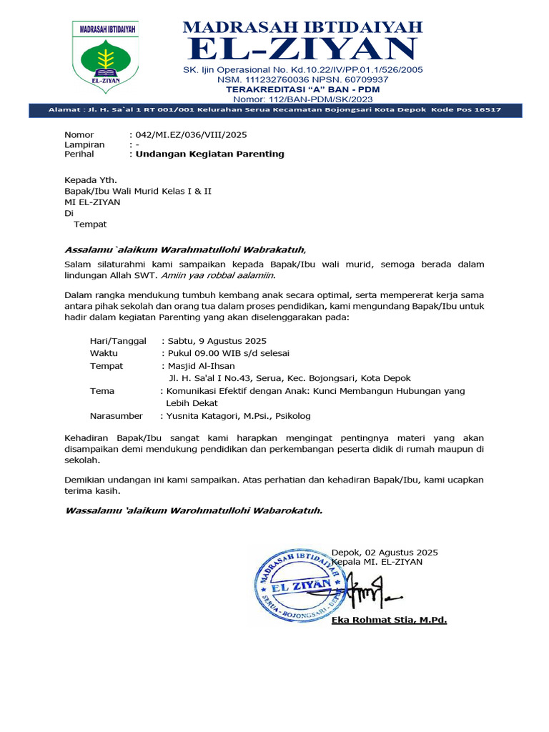 Undangan Parenting MI El-Ziyan 2025 | PDF