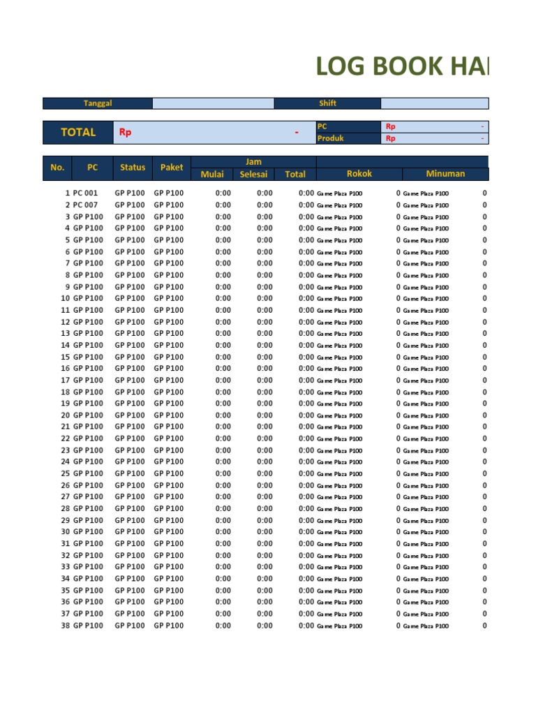 Log Book Harian Game Plaza P100: Total | PDF | Tobacco Industry ...