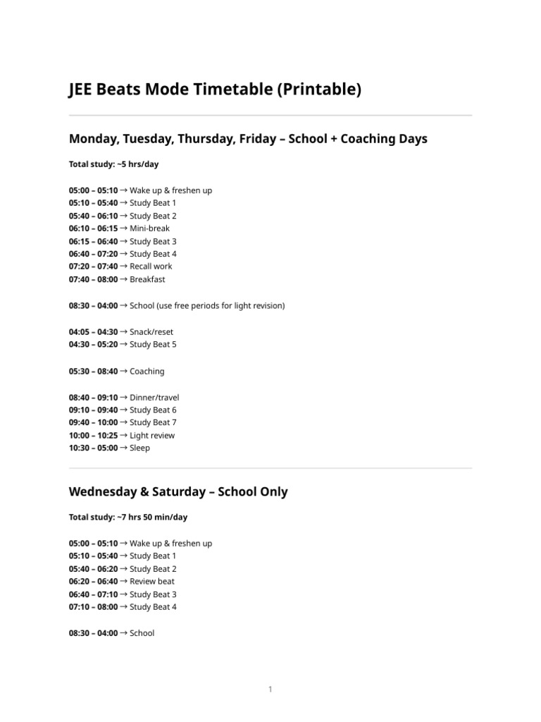 JEE Study Timetable: Weekly Planner | PDF