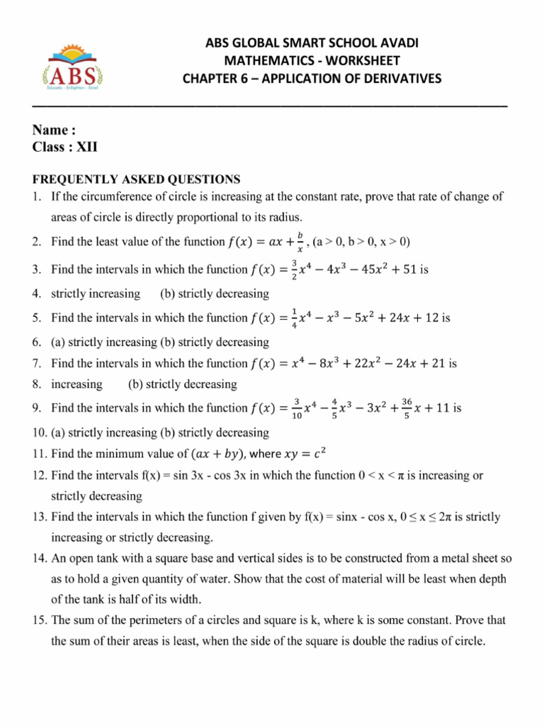 Application of Derivatives Worksheet | PDF