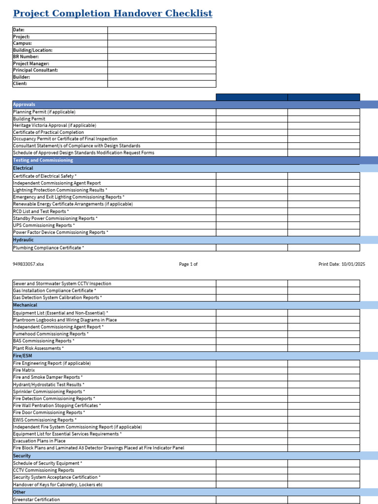 Project Completion Handover Checklist v3 | PDF | Specification (Technical Standard)
