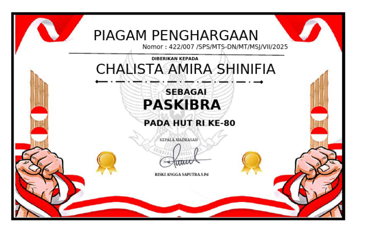 Piagam Penghargaan Paskibra HUT RI ke-80 | PDF
