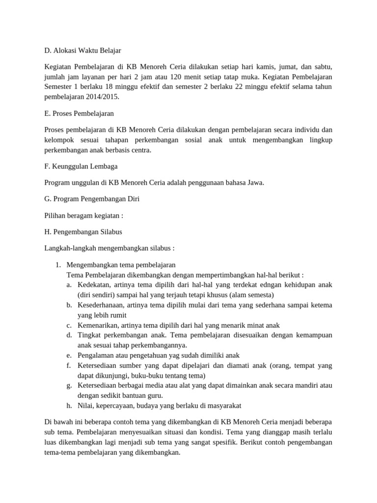 Alokasi Waktu dan Tema Pembelajaran KB Menoreh Ceria | PDF