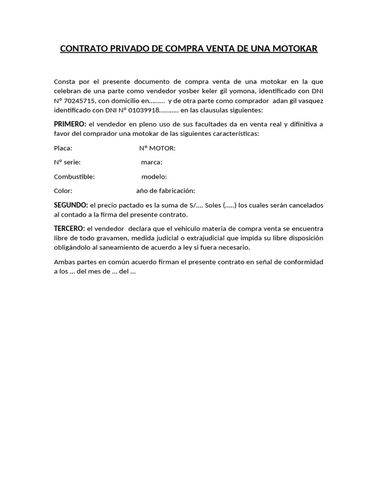Contrato de Compra Venta de Motokar | PDF