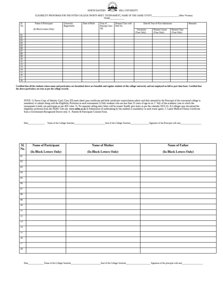 Eligibility Proforma For Inter College Tournament1 | PDF