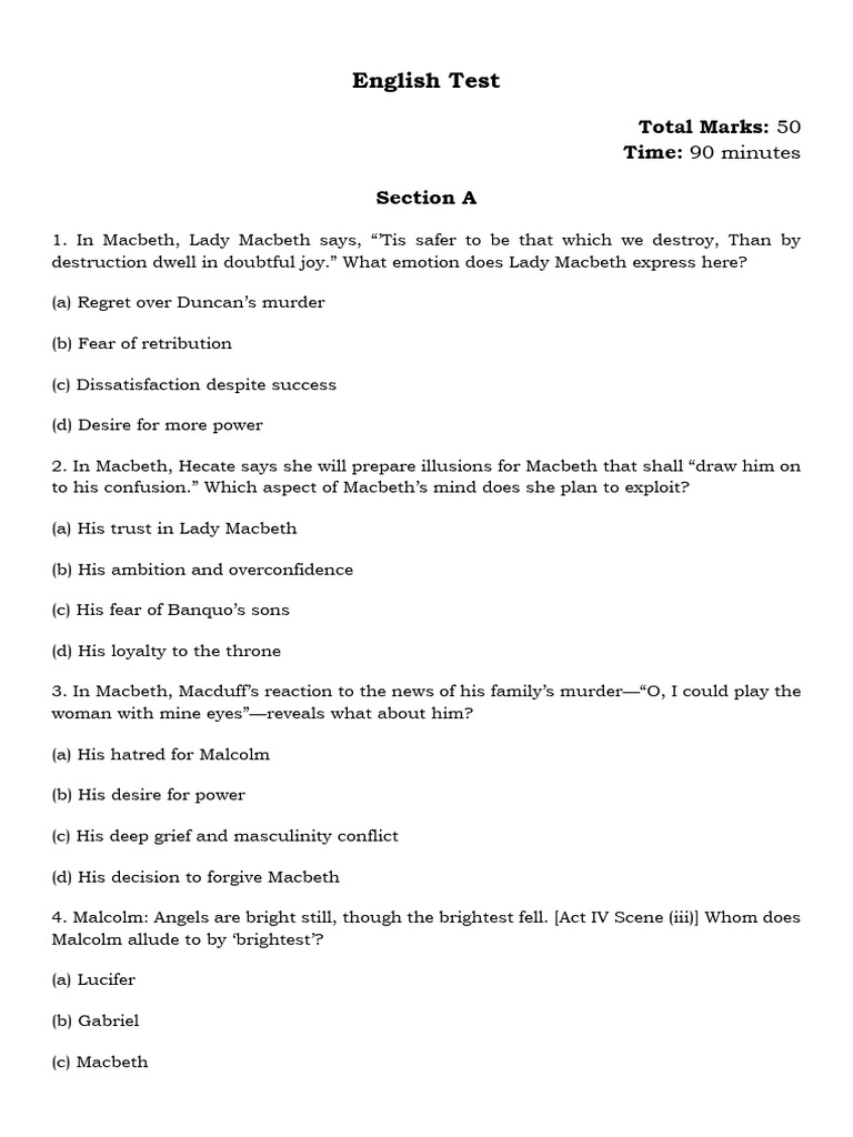 English Literature Test: Macbeth & More | PDF | Macbeth
