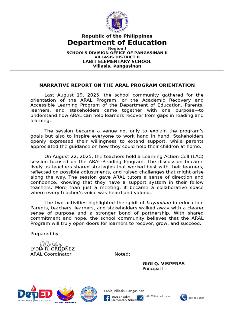 ARAL Program Orientation Report 2025 | PDF | Cognition | Behavior ...