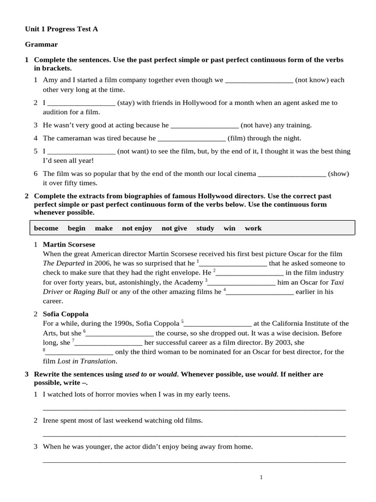 Past Perfect Grammar Test for Filmmakers | PDF