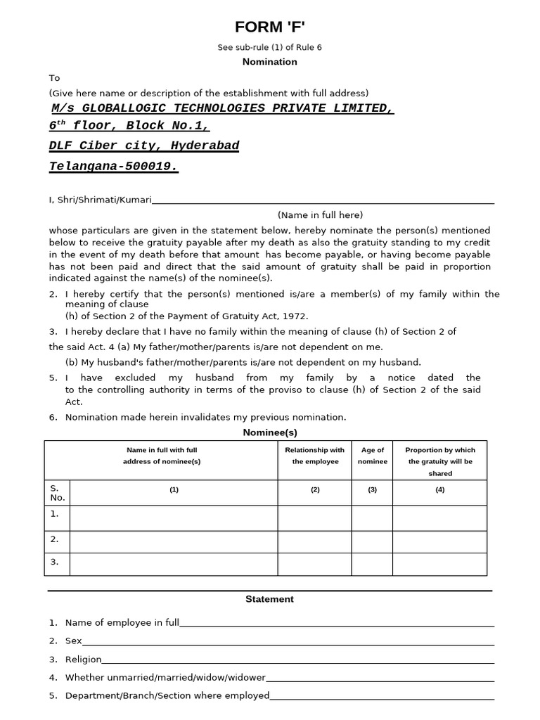 Gratuity Nomination Form 'F' Template | PDF