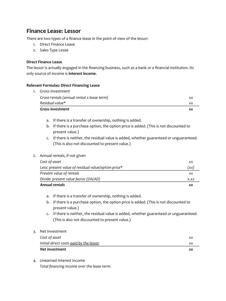 Finance Lease Lessor Mini-Notes | PDF | Present Value | Option (Finance)