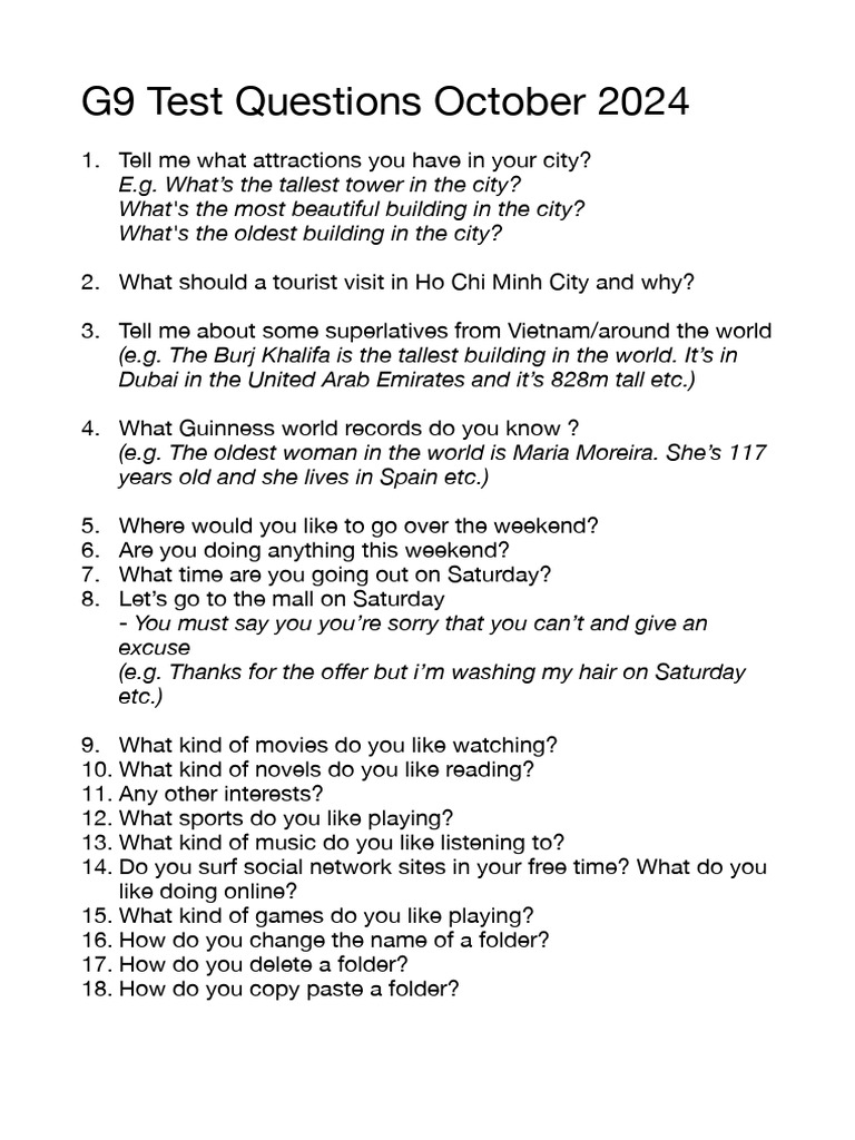 G9 Test Questions Oct 2024 | PDF