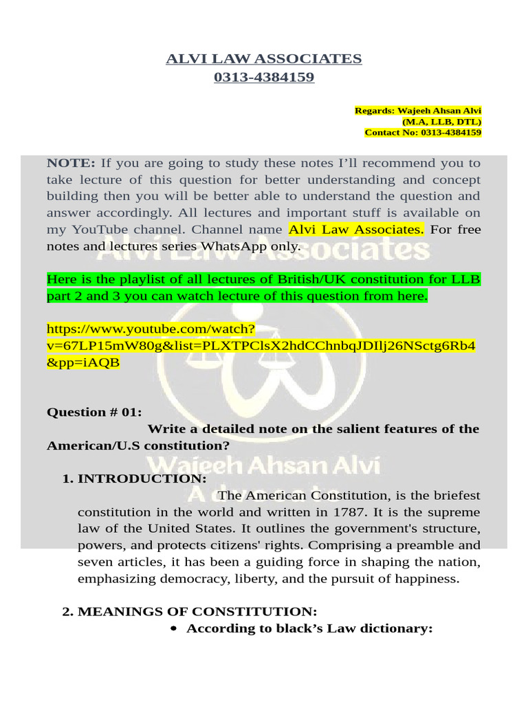 American Constitution Question No 1 Salient Features. | PDF ...