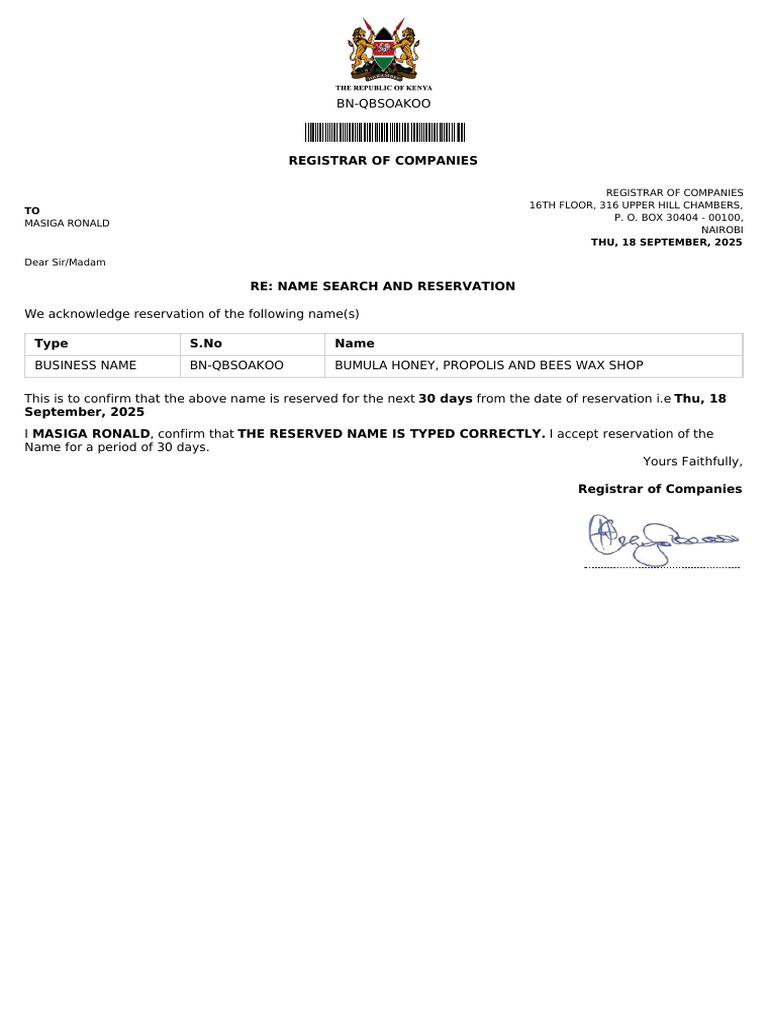 BN QBSOAKOO Name Reservation Certificate | PDF