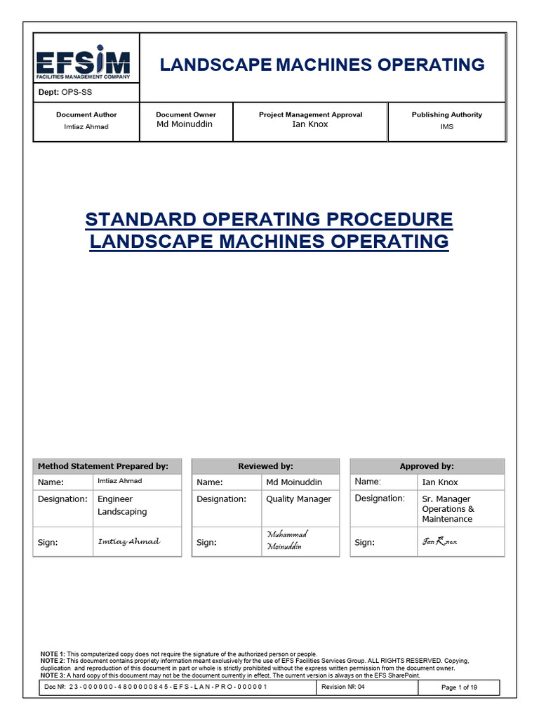 Landscape Machines Operating SOP | PDF | Personal Protective Equipment ...