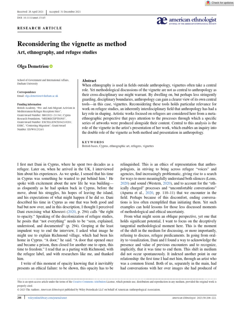 Vignettes in Refugee Ethnography | PDF | Ethnography | Anthropology