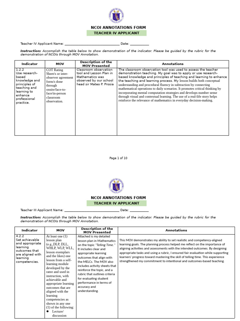 NCOI Annotations Form For Teacher IV | PDF | Learning | Differentiated ...