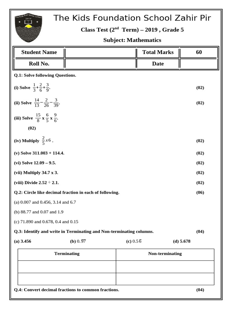 Grade 5 Math Test - Kids Foundation 2019 | PDF | Numbers | Mathematical ...