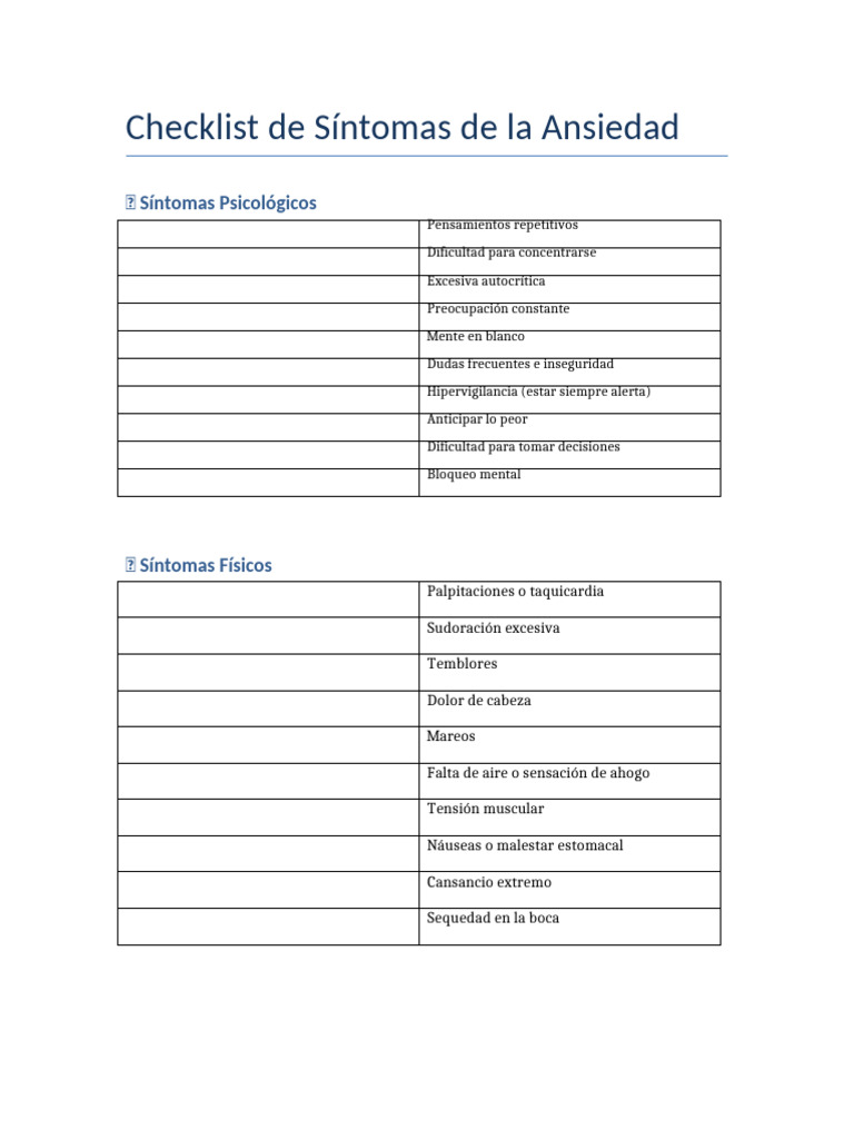 Checklist Sintomas Ansiedad | PDF | Ansiedad | Psicología anormal