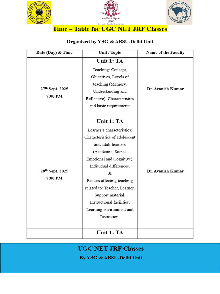 Time-Table For UGC NET JRF Classes - YSG & ABSU Delhi Unit | PDF ...