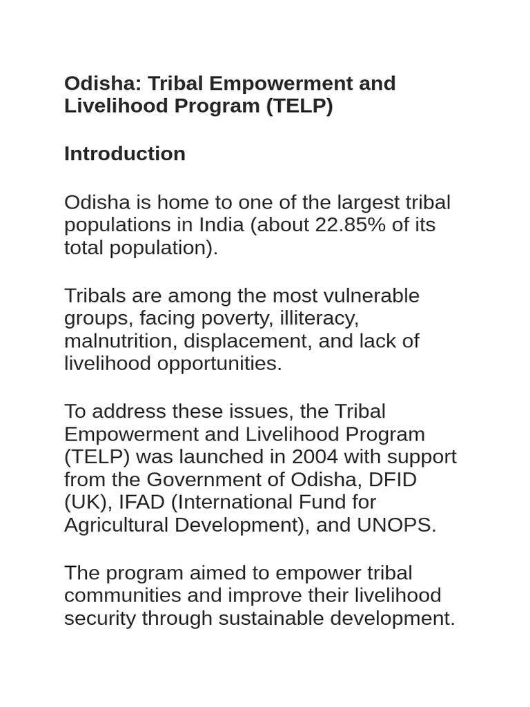 Tribal Empowerment & Livelihood Program (TELP) | PDF