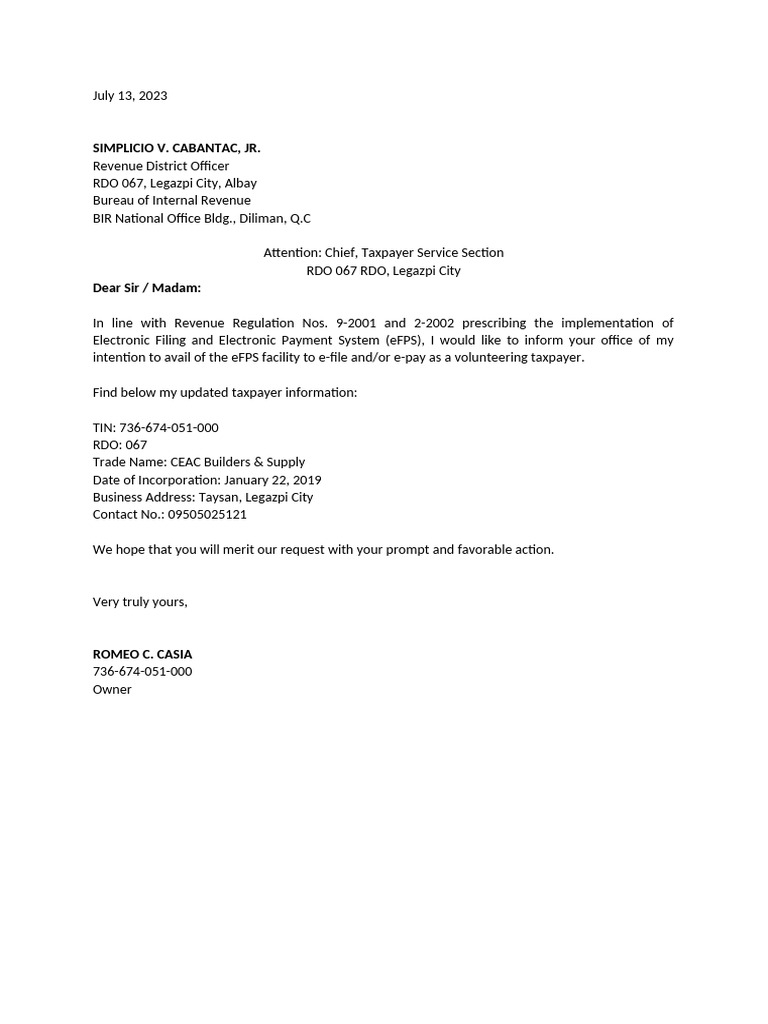 BIR Sample Letter of Intent For Efps Individual | PDF