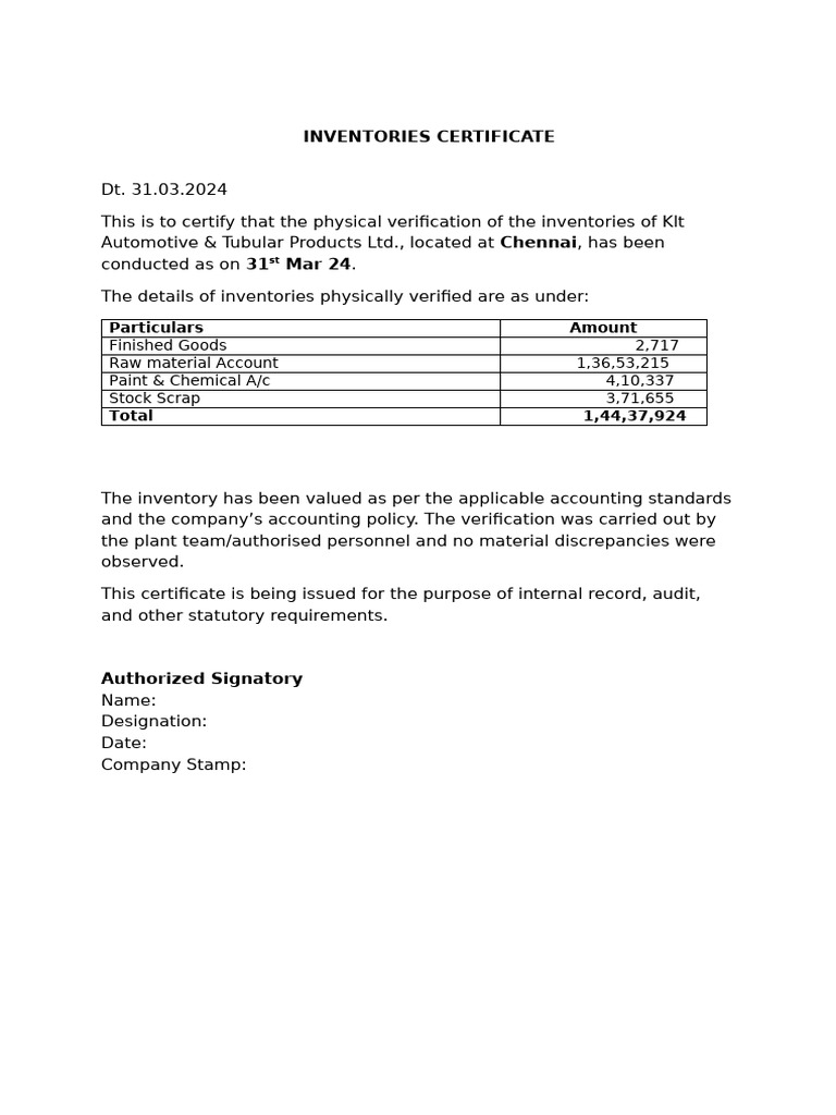 KLT Automotive Inventory Verification Certificate | PDF