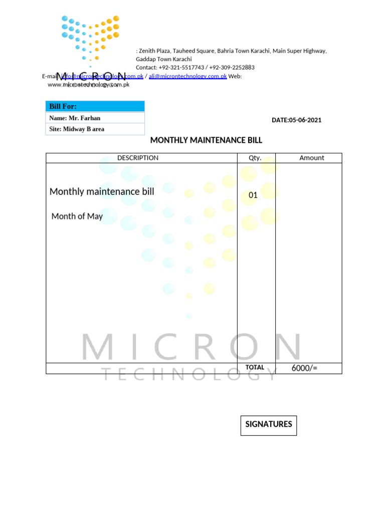 Monthly Maintenance Bill for May 2021 | PDF